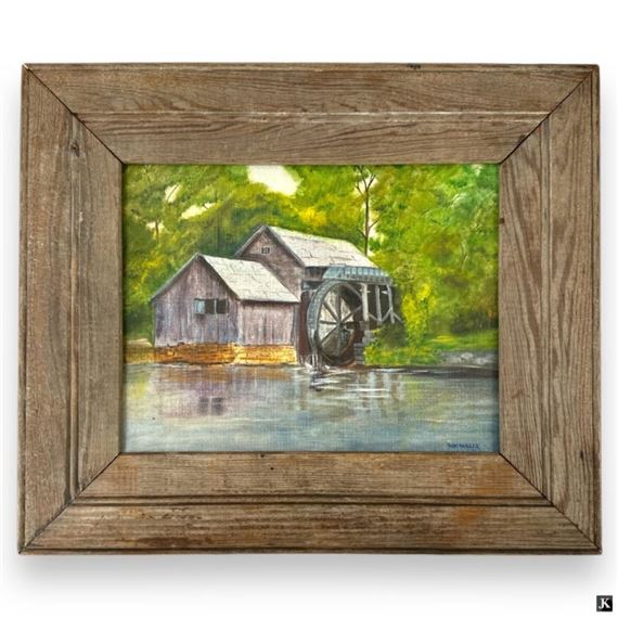 M.k. Miller | Oil painting on canvas board depicting a river mill ...