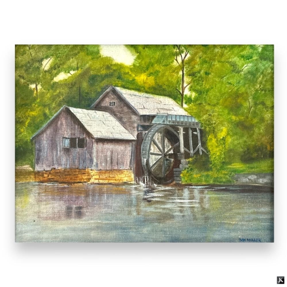 M.k. Miller | Oil painting on canvas board depicting a river mill ...