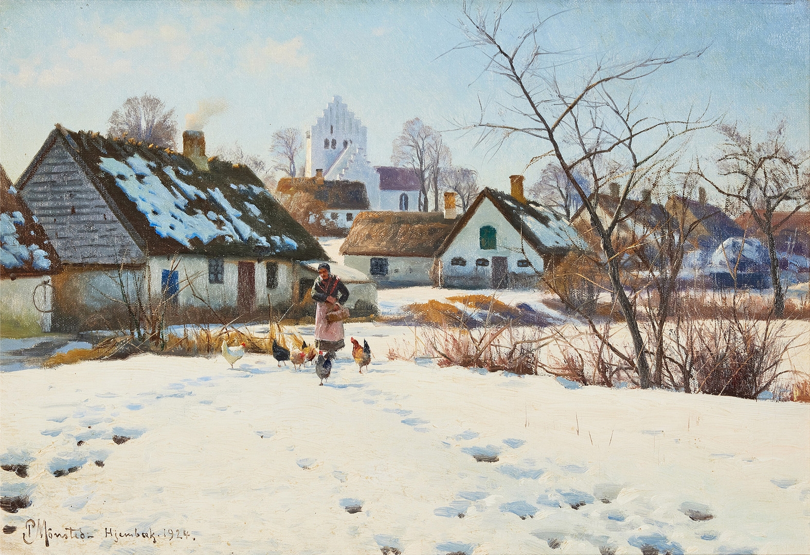 Peder Mork Monsted | Sunlit courtyard motif in winter shroud (1927 ...