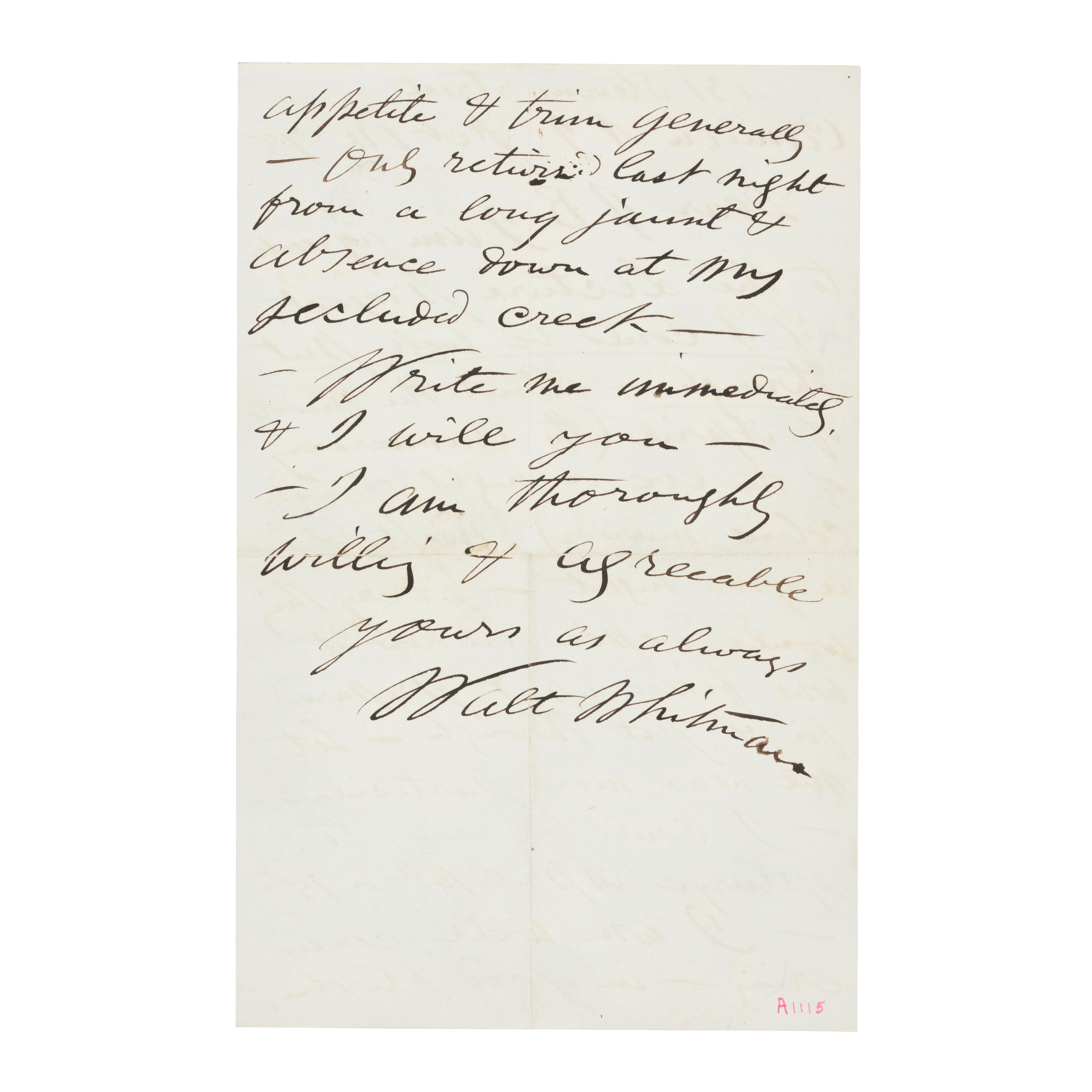 Walt Whitman | Autograph Letter Signed (Walt Whitman) to John Burroughs ...