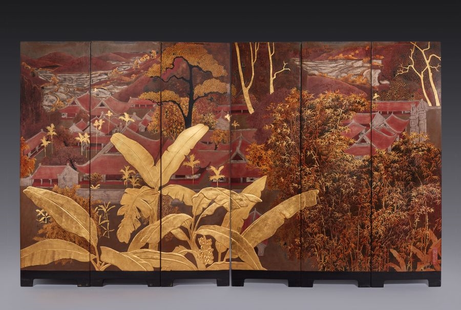 Pham Hau | Rural landscape Small six- folding screen decorated with a ...