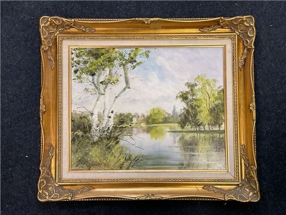 Kate Pettit | landscape with lake and distant village | MutualArt