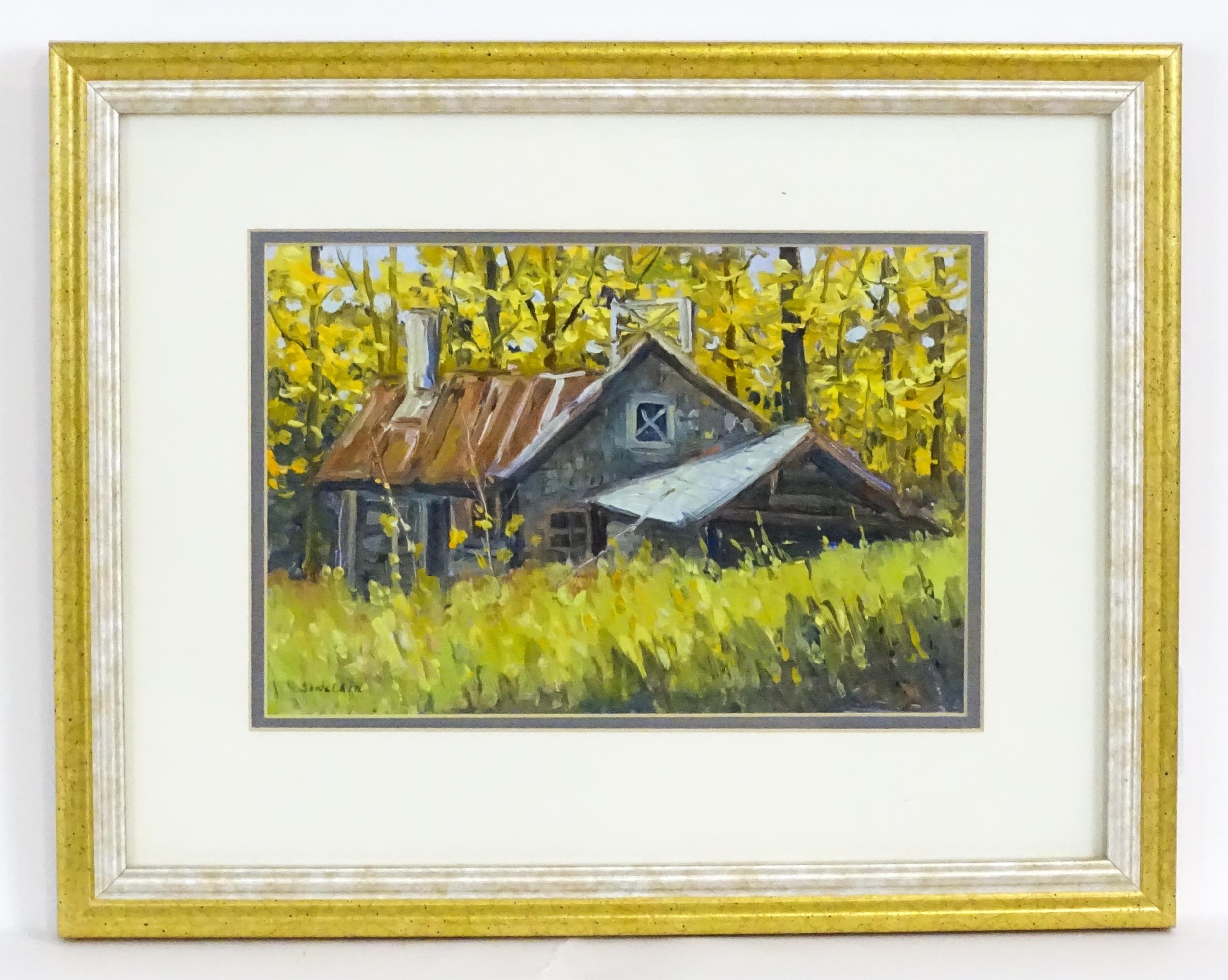 Sinclair | A view of a barn in an autumn woodland | MutualArt