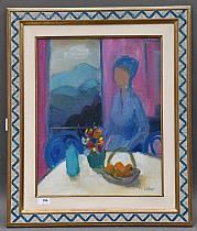 Maurice Potier | Dame attablée au vase fleuri et corbeille de fruits ...