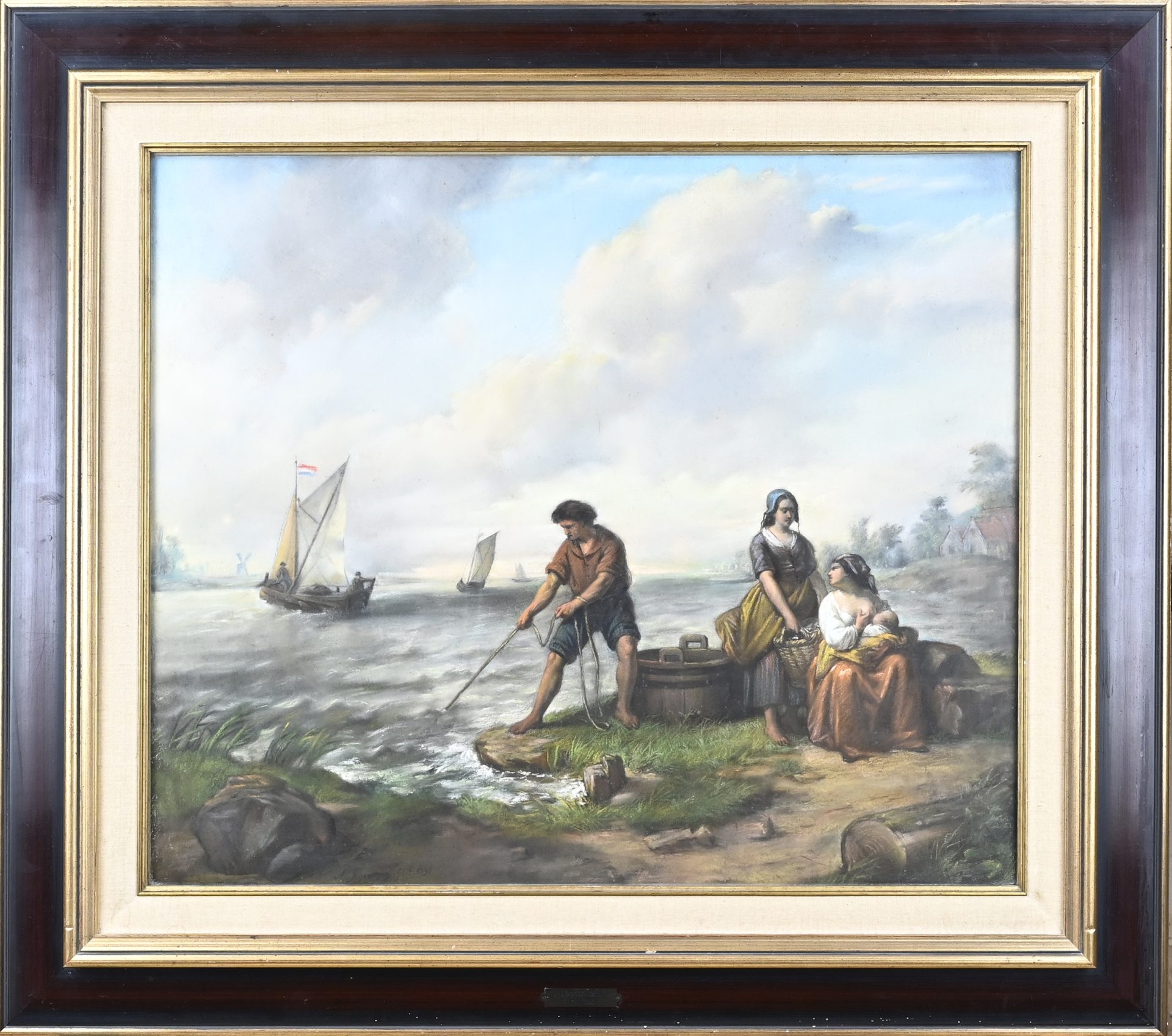 Martinus Schouman | Hollands zeegezicht met figuren op kade | MutualArt