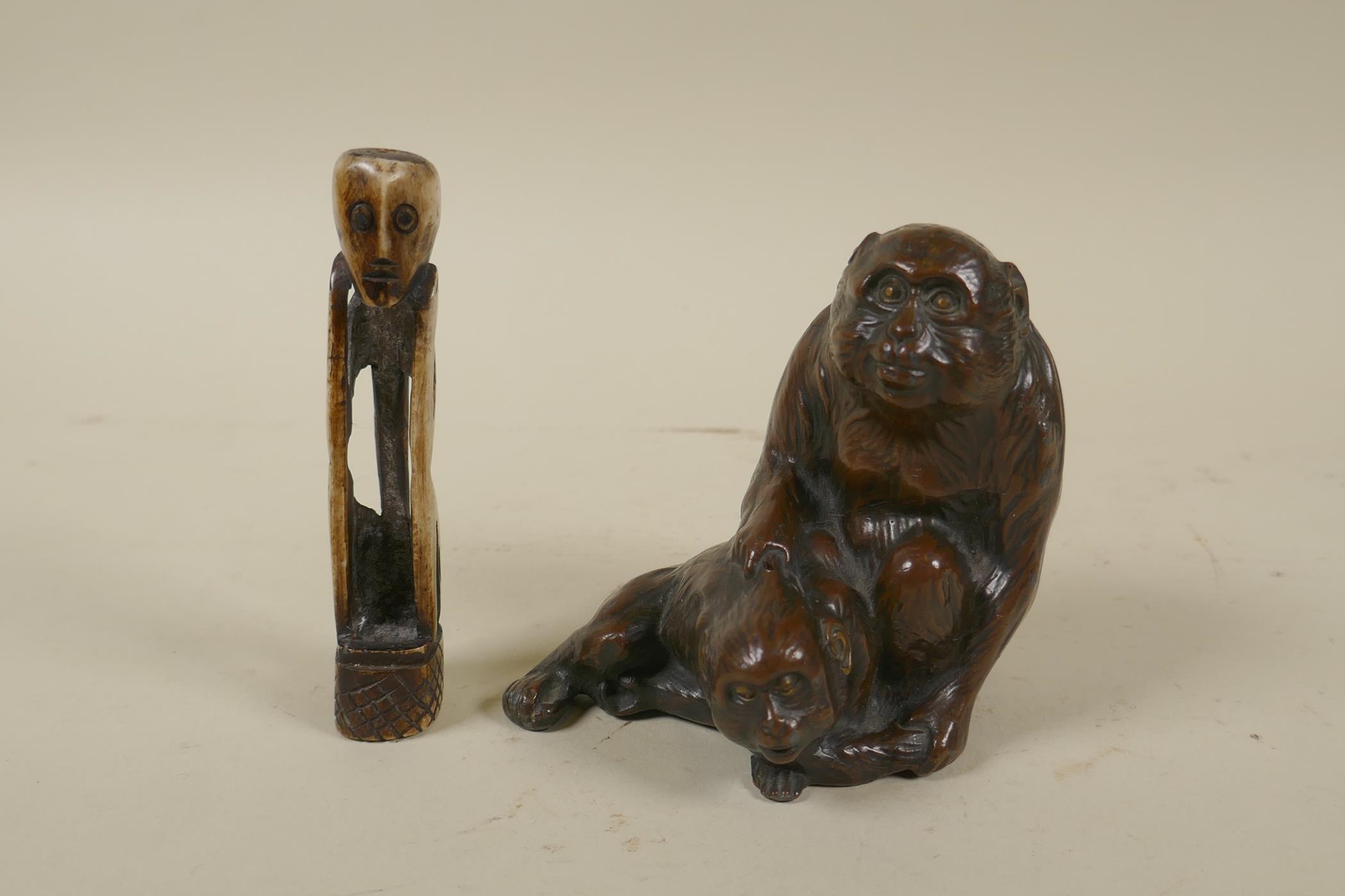Okimono | A Japanese bronzed metal okimono of monkeys | MutualArt