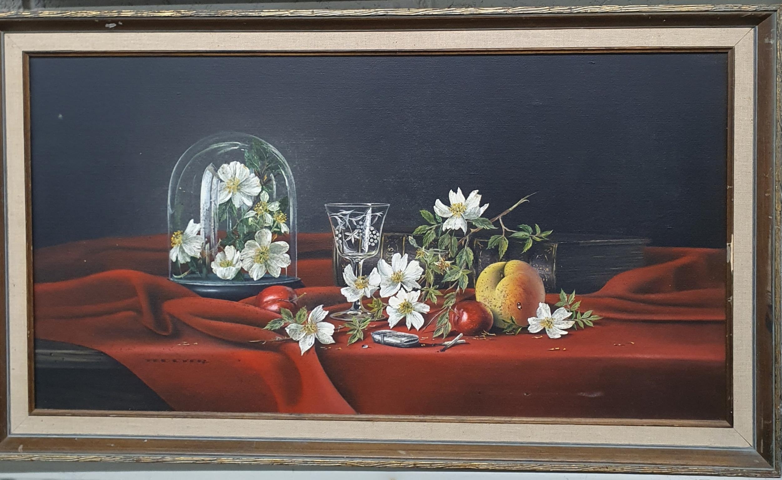 Ken Dyer | Still life of flowers and fruit on a table setting (20th ...