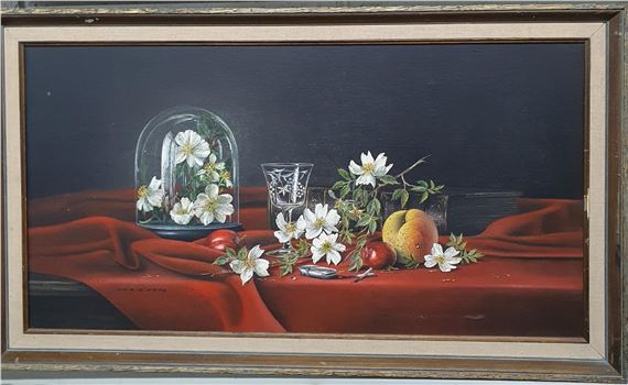 Ken Dyer | Still life of flowers and fruit on a table setting (20th ...