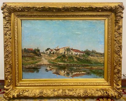 Peter Alfred Gross | Farmhouse reflected in river water Oil on canvas ...