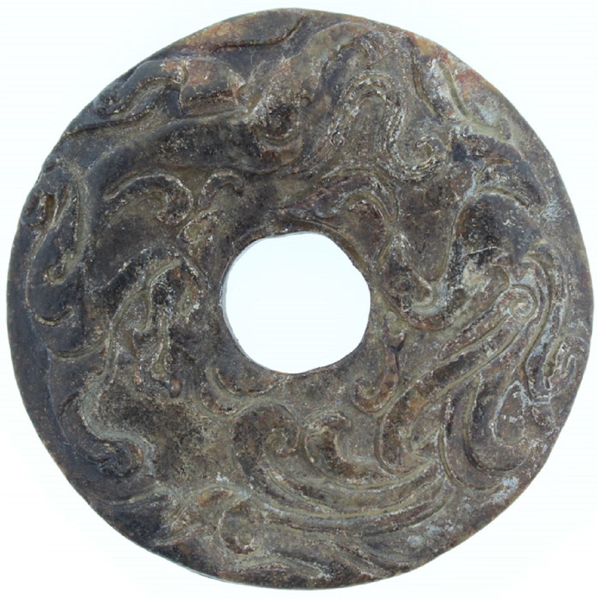 Chinese School | Antique Chinese Jade Wheel with carved Dragon & Bird ...