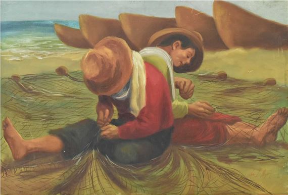 Joe Mayo | TWO FISHERMEN REPAIRING A FISHING NET | MutualArt