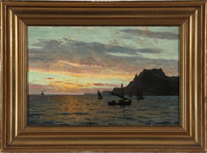 Christian Benjamin Olsen | Coastal view with sailing ships at dusk ...