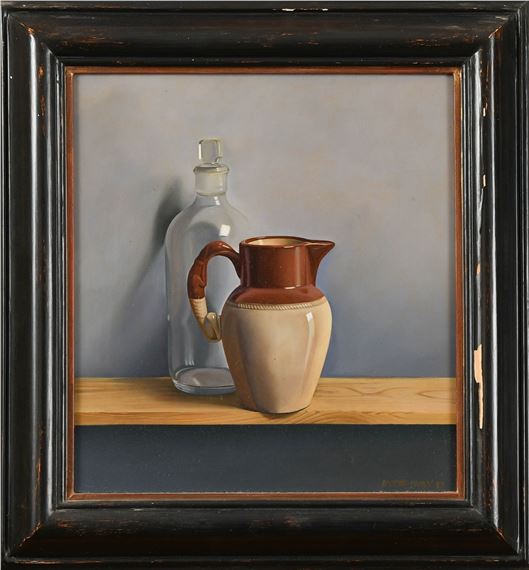 Diccon Swan | Stoneware jug and glass bottle still life | MutualArt
