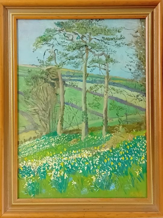 Mary Martin | oil on board of daffodils in field | MutualArt