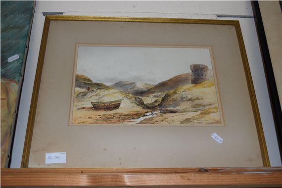 Edward William Cooke | study of a coastal scene with tower and boat ...