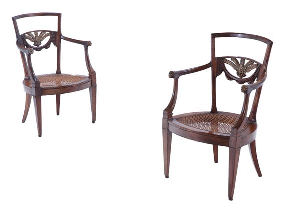 Directoire | Pair walnut Directoire carved and gilt open arm chairs ...