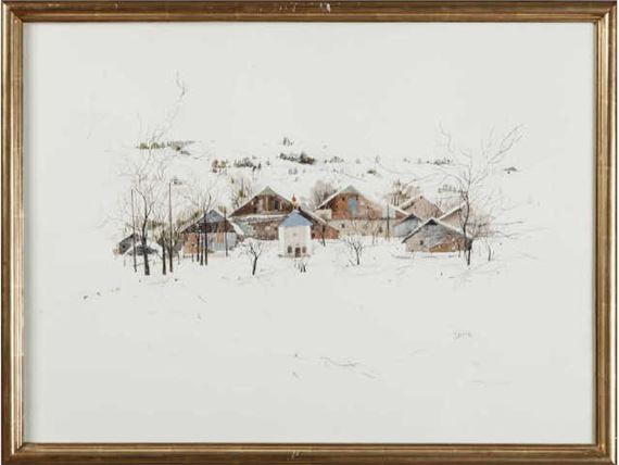 Georges Damin | Georges Damin (1942-). Village sous la neige. Aquarelle ...