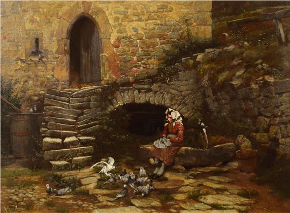 Arthur Wasse | Feeding the Pigeons (1881) | MutualArt