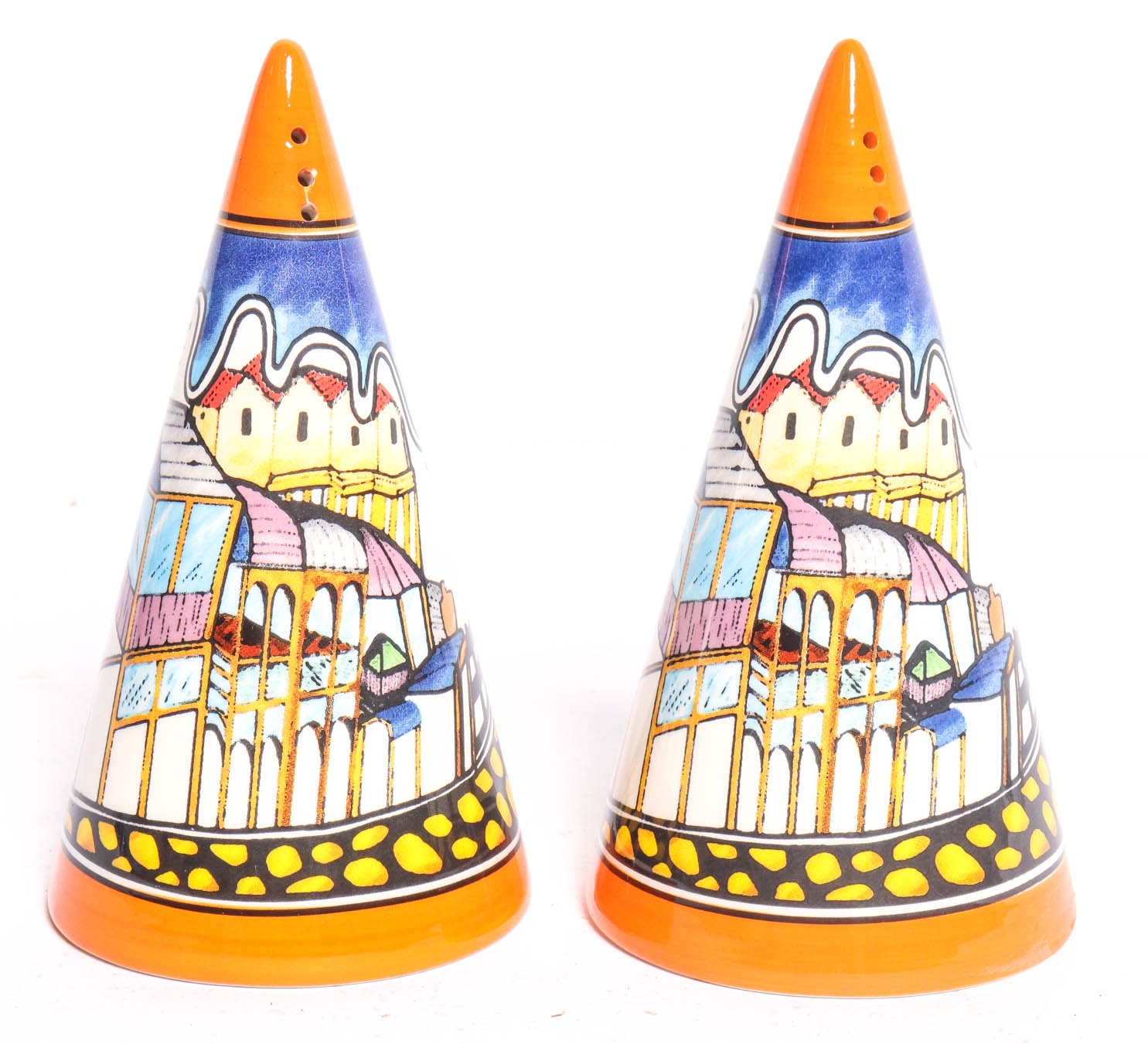 Clarice Cliff | A pair of Art Deco style conical salt and pepper ...