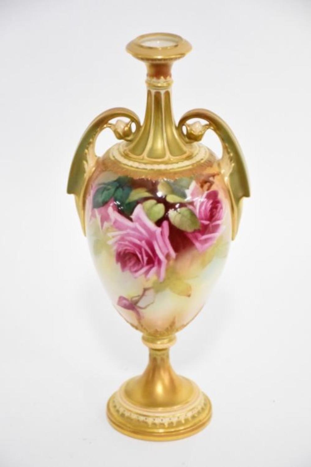 Royal Worcester | A tall English Royal Worcester two handled vase having hand painted rose ...