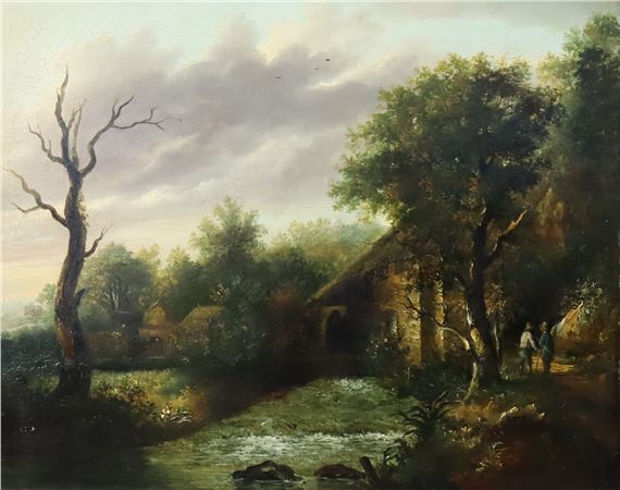Patrick Nasmyth | A wooded river landscape with figures beside a water mill (1817) | MutualArt
