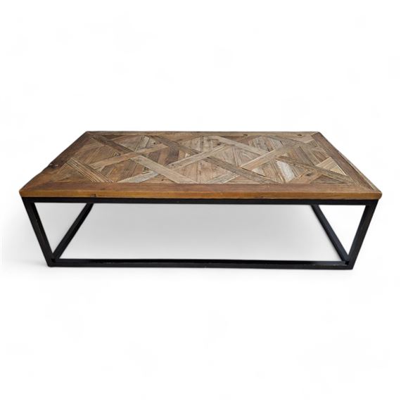 Designer | BEAUTIFUL VINTAGE DESIGNER ROUEN STYLE SOLID WOOD TOP COFFEE TABLE ON BLACK STEEL ...