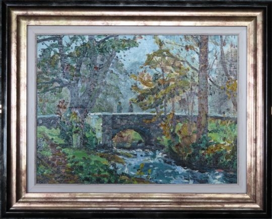 Keith Gardner | Keith Gardner R.C.A - Framed oil on board - Pack horse bridge, caergwrle. Approx ...