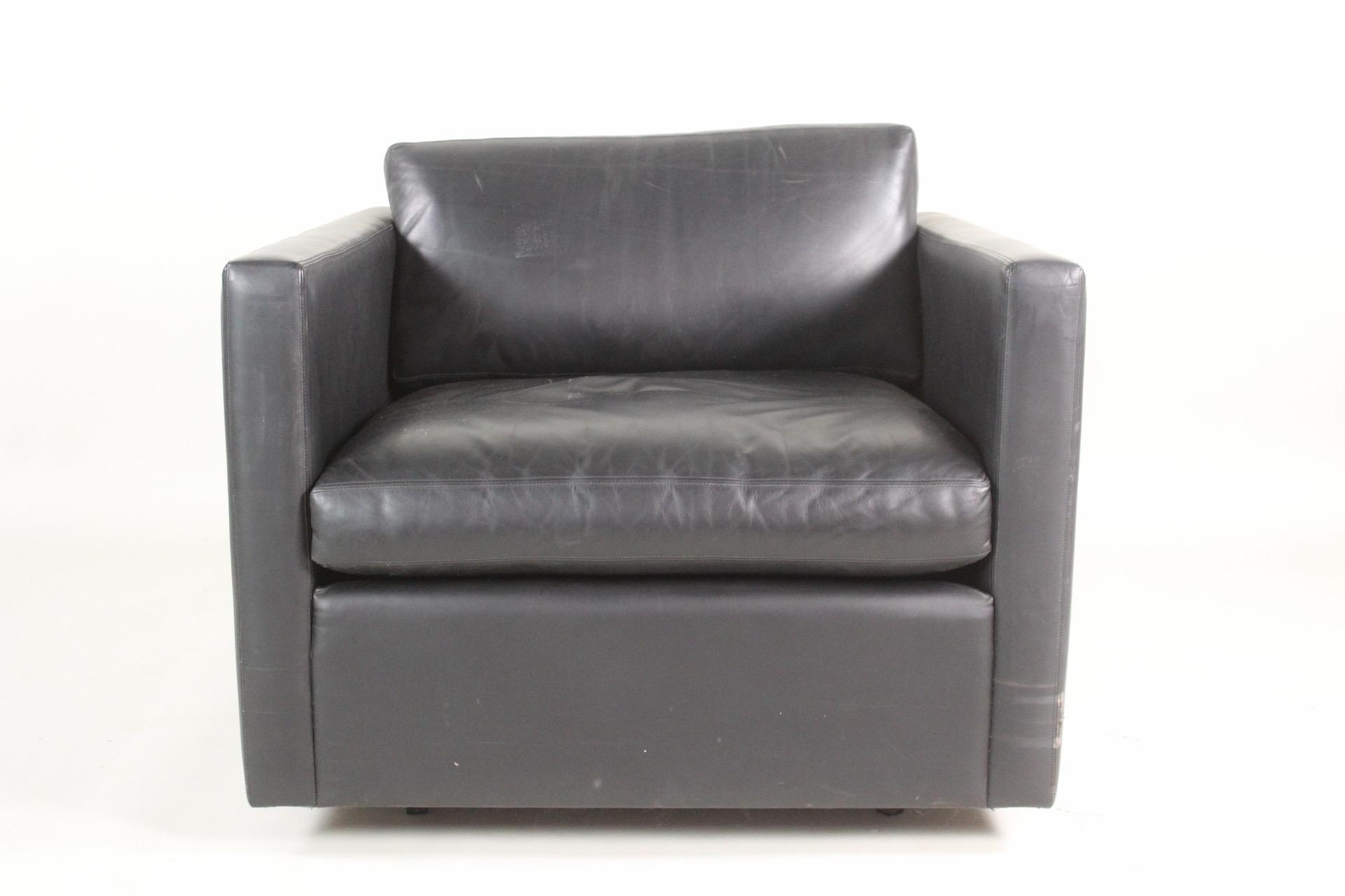 Charles Pfister | Knoll Pfister Black Leather Cube Lounge Chair, 2 of 3 ...