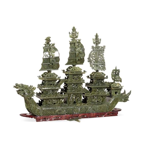 W. Scott Smith | LARGE CHINESE SPINACH GREEN JADE BOAT | MutualArt