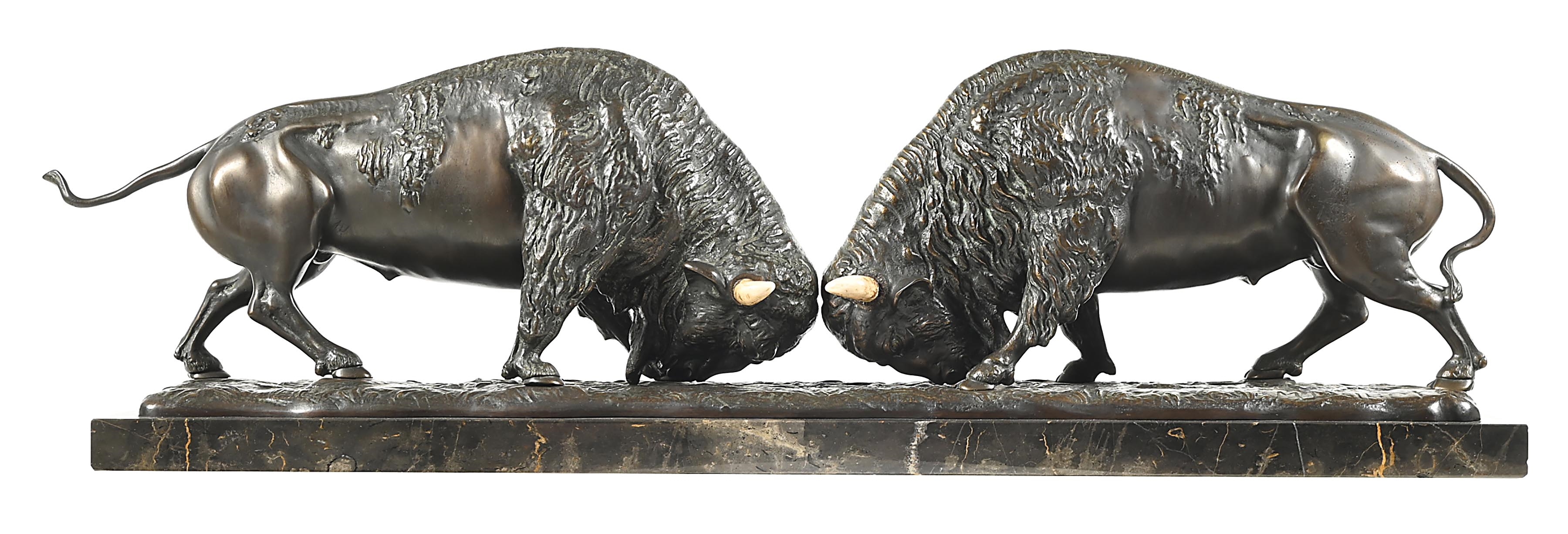 M. Bauer | Figural grouping of two fighting bison on marble base ...