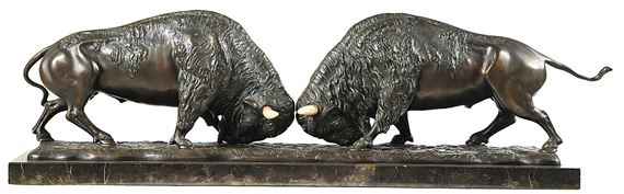 M. Bauer | Figural grouping of two fighting bison on marble base ...