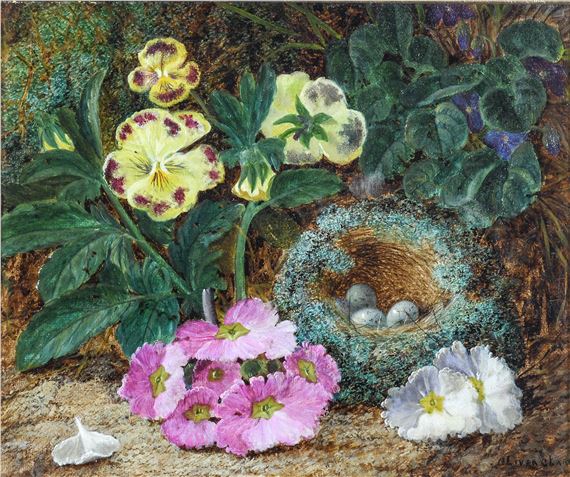 Oliver Clare | Still life of Primulas, Pansies and a bird's nest on a mossy bank | MutualArt