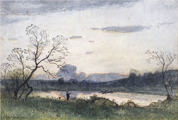 Henri-Joseph Harpignies | Figure surveying a river with a punt at ...
