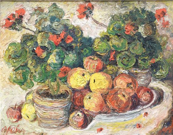 Jules Henri Fehr | Still life of apples and Geraniums | MutualArt