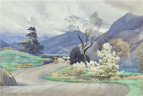 William Heaton Cooper | Landscape with cattle on a path by a lake ...