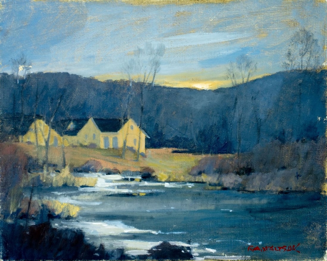 Robert Waltsak | Sunset River Landscape with Cottage | MutualArt