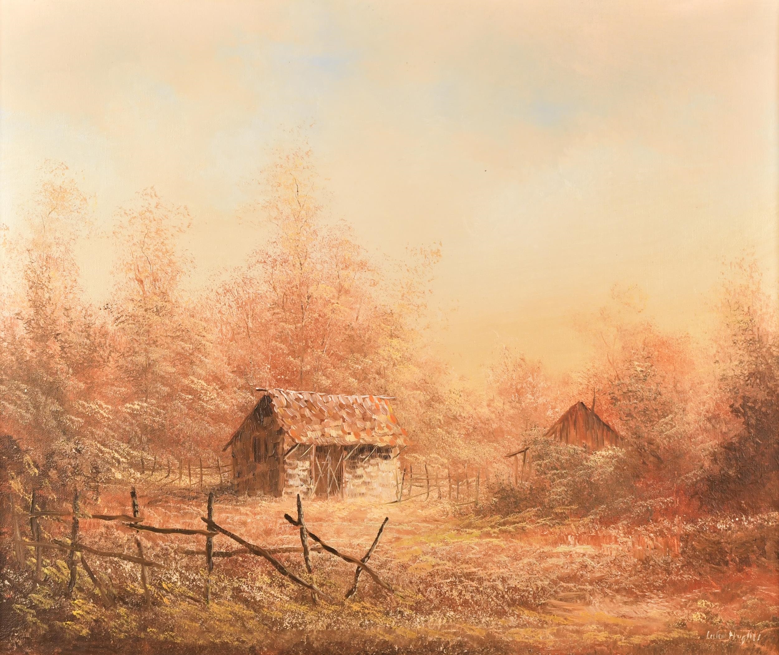 Lester C. Hughes | autumn landscape with shack in woods | MutualArt