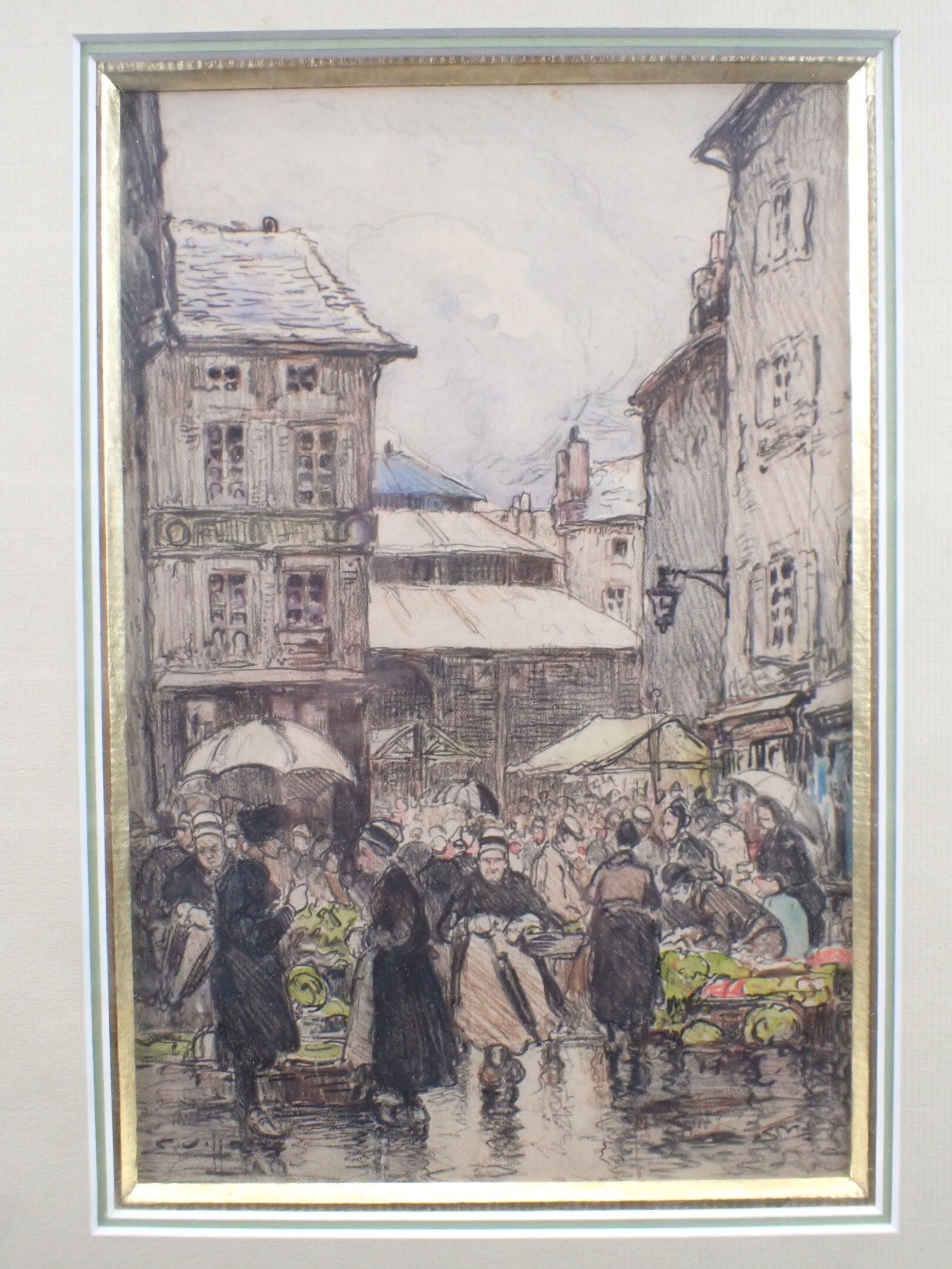 Eugène Villon | Le marché sous la pluie Fusain | MutualArt