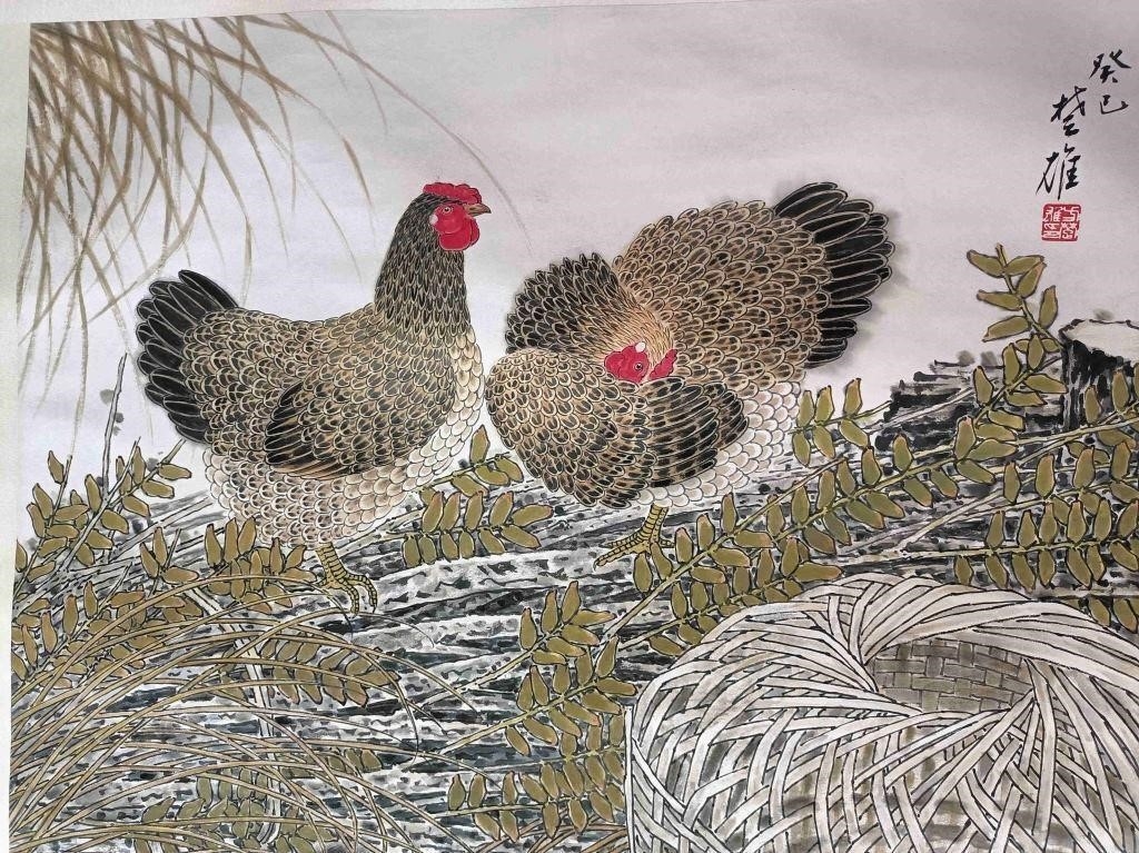 Chinese School | Chinese Ink Color Painting of Chicken Families | MutualArt