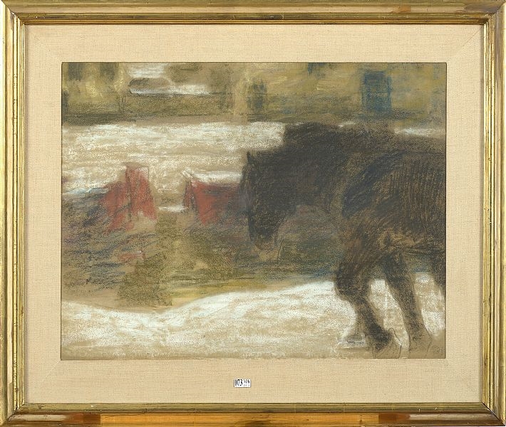 Jean Delvin | Attelage de chevaux de trait devant un paysage enneigé ...