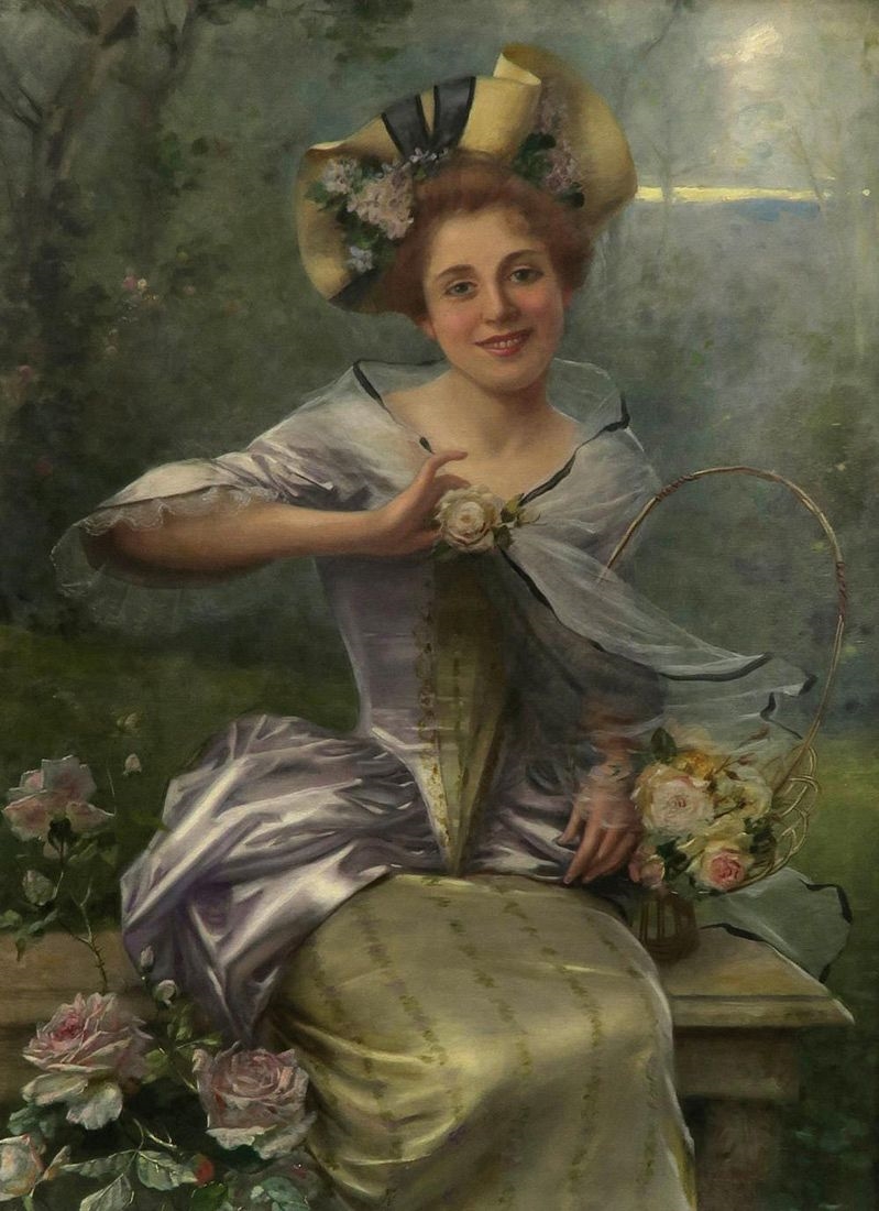 Oreste Costa | Italian) Oil on canvas Painting. Girl with Flowers ...