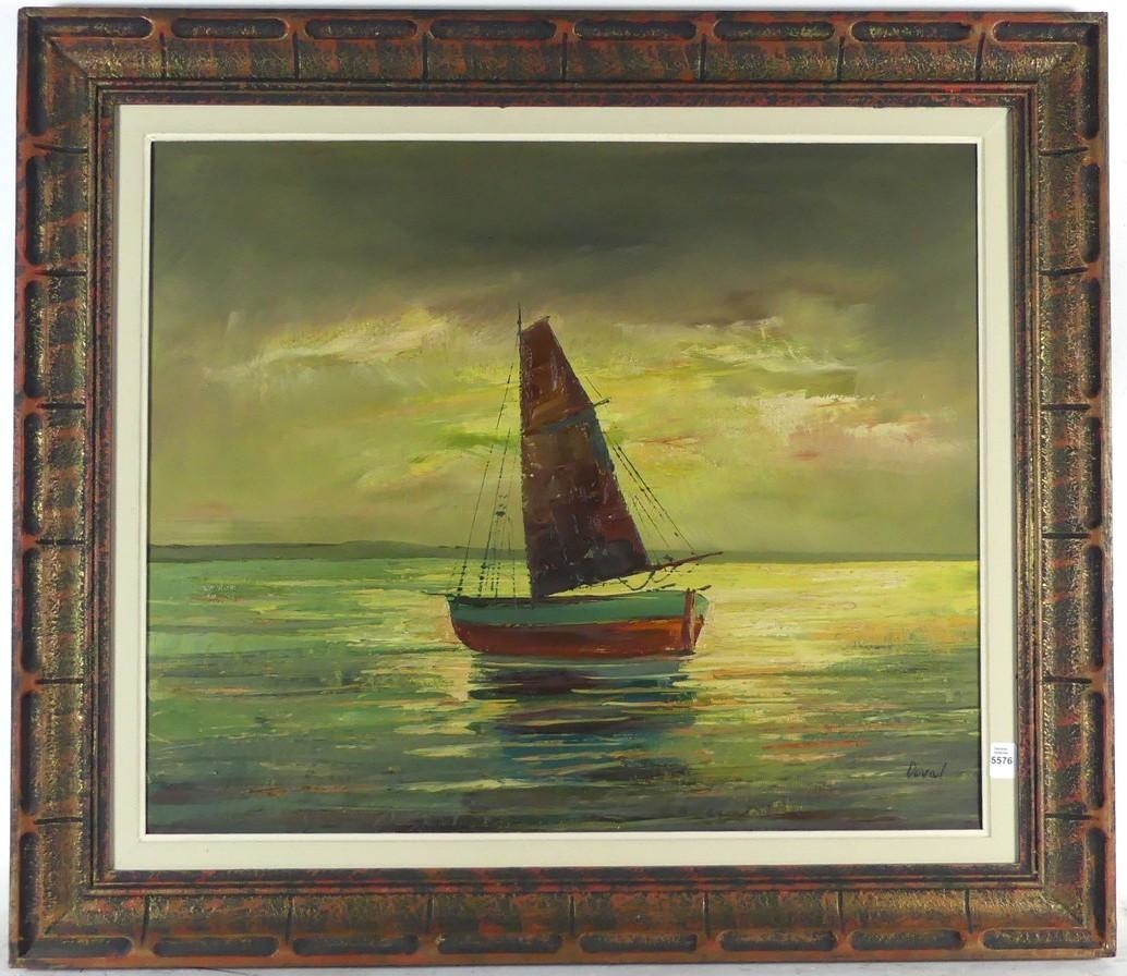Duval | Mid-20th century oil on canvas depicting a sailing vessel on ...