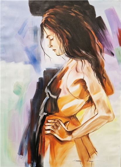 Christine Comyn | b.1957) Oil on canvas Three-quarter length portrait ...