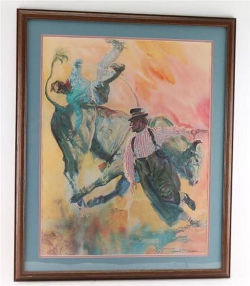 Donald Putman | Watercolor of Rodeo Clown & Bull Rider | MutualArt