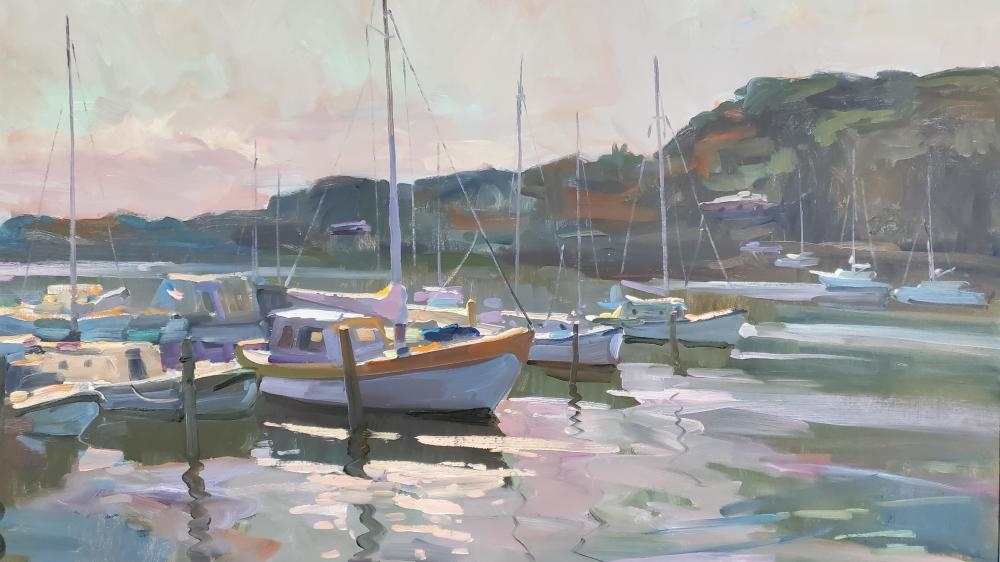 James P. Kerr | James P. Kerr (American, b. 1953) Moored Sailboats, Oil ...