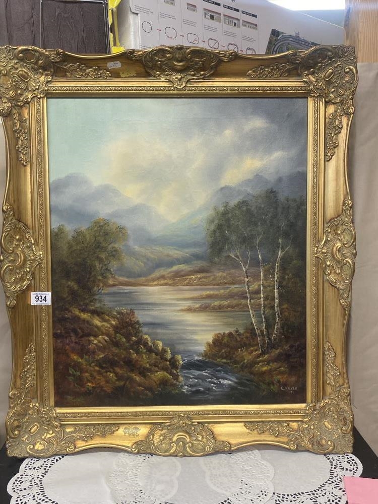 E. Walker | A gilt framed oil on canvas of Mountain lake, E. Walker ...