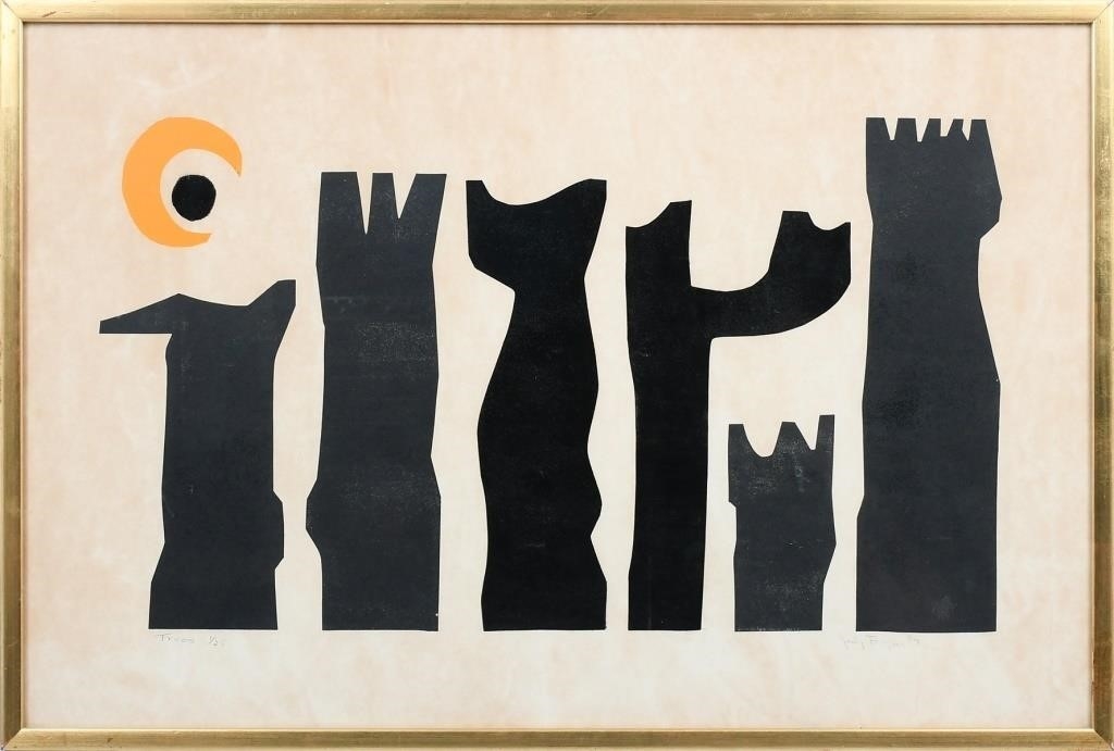 Judy Targan | Three MCM Linoleum Block Prints 1) “Trees” (67) | MutualArt