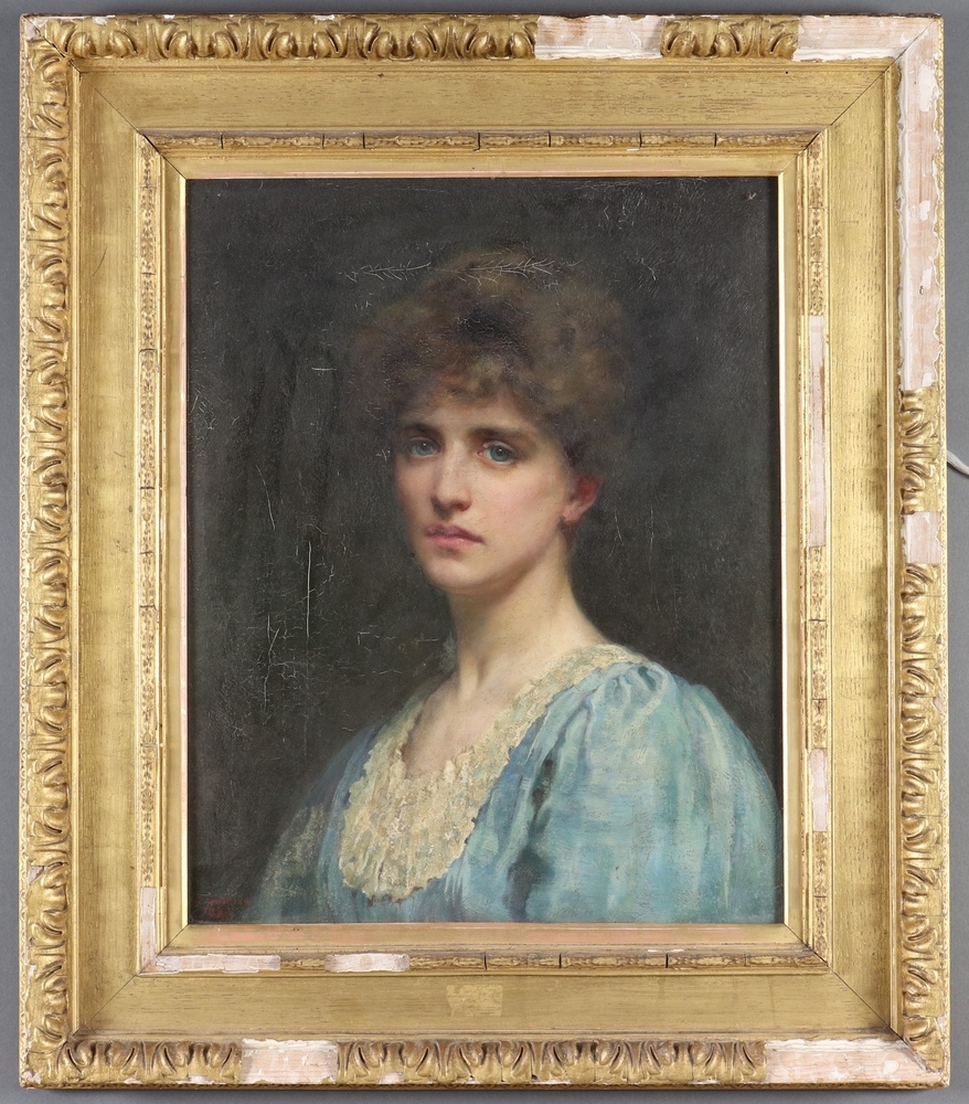 William Clarke Wontner | Portrait of a young lady wearing a blue dress ...