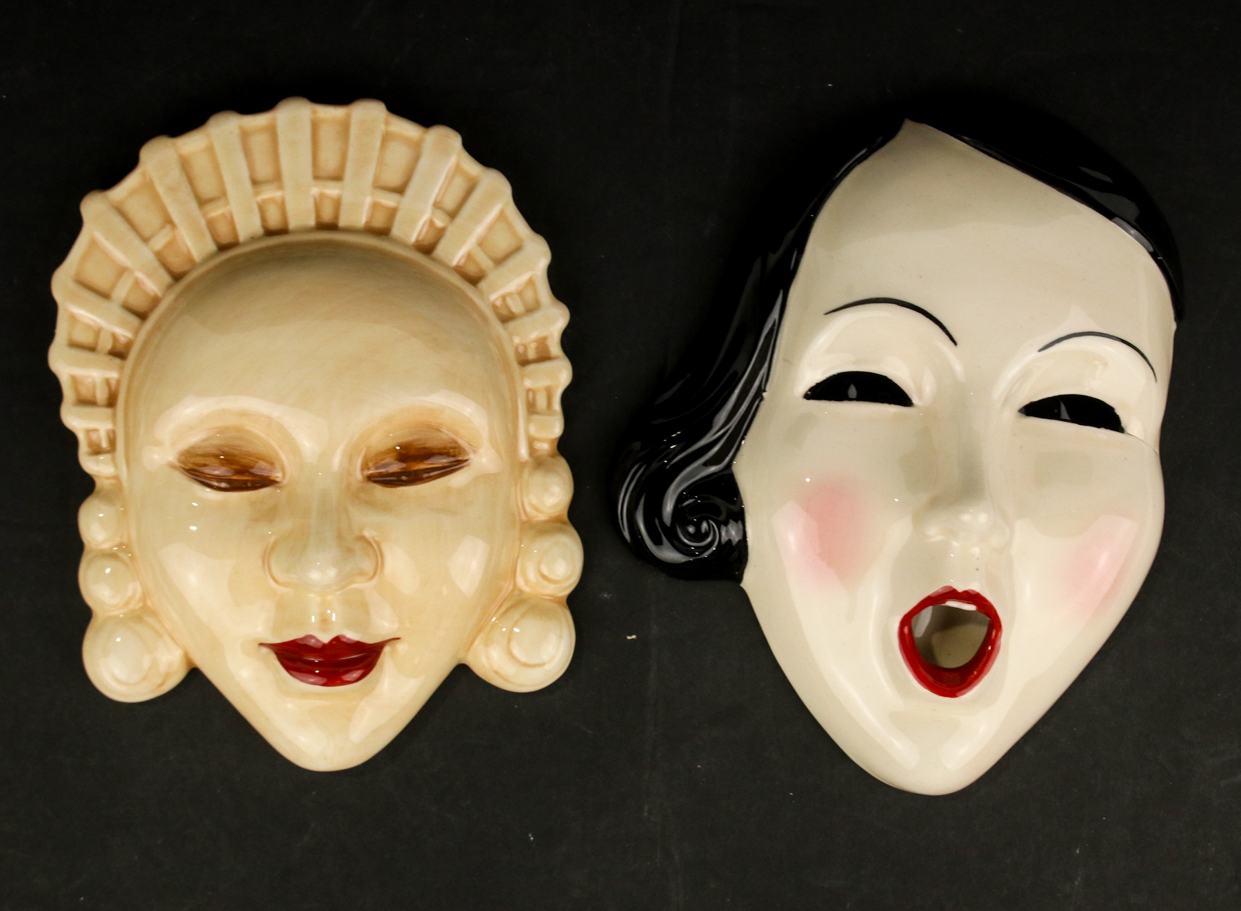 Clarice Cliff | Two Art Deco style red lipped ceramic wall masks ...