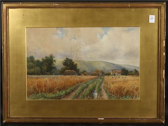 Arthur Powell May | Path through a cornfield at harvesting | MutualArt